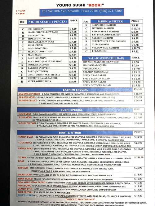 Young Sushi "Rocks!" menu in Amarillo, Texas, USA