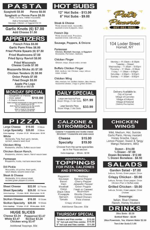 Pat's Pizzeria menu in Hornell, New York, USA