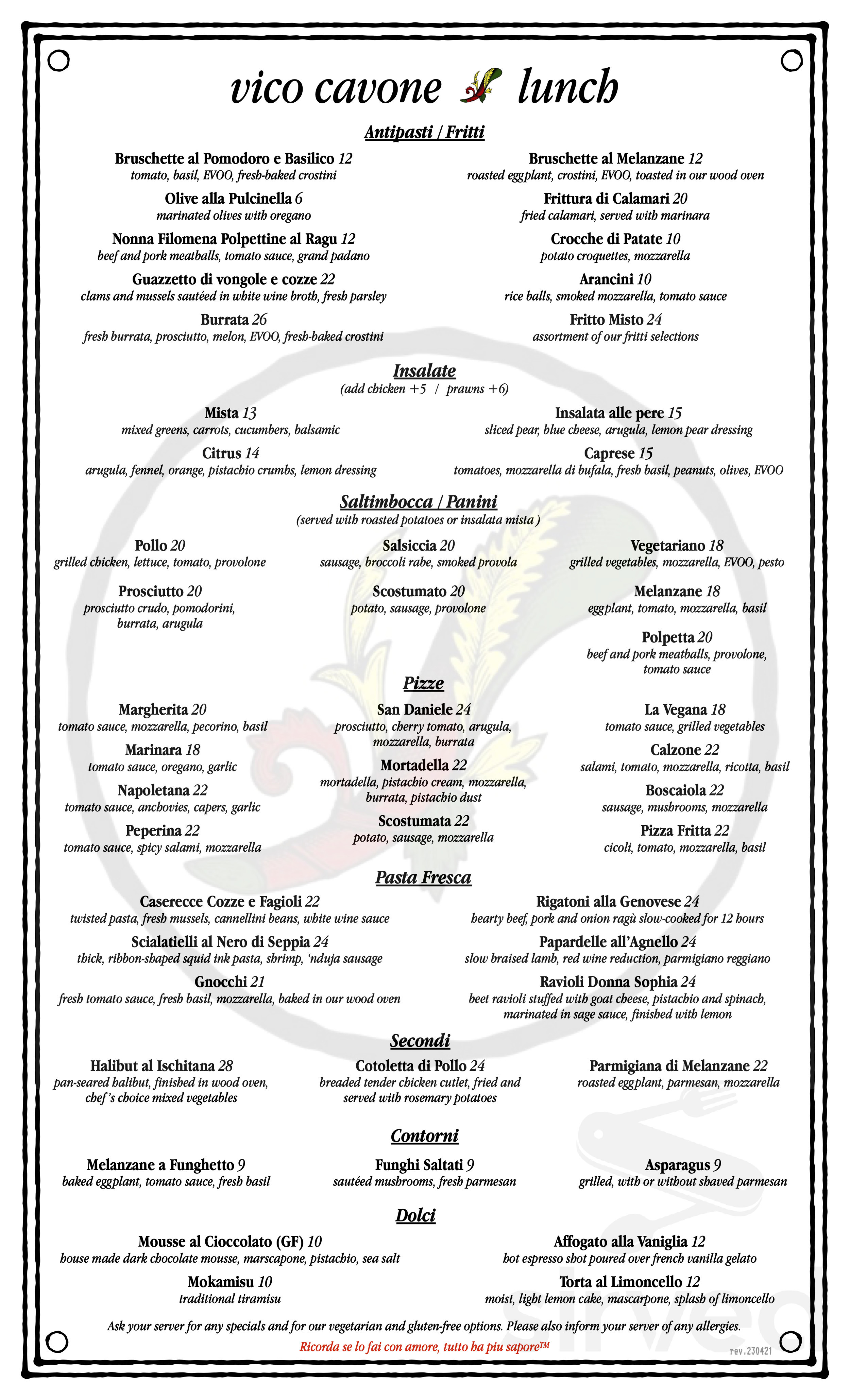 Vico Cavone menu in San Francisco, California, USA