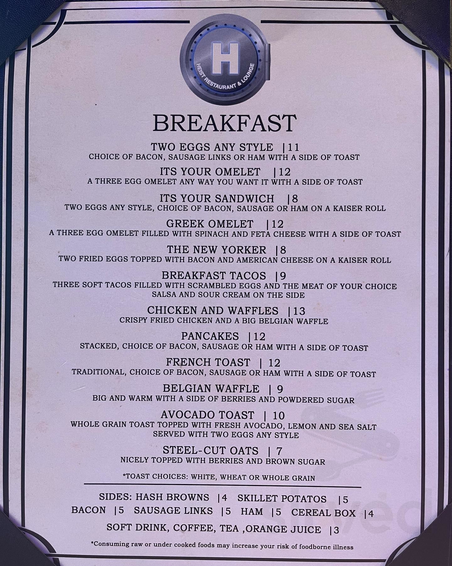 Heist Restaurant & Lounge menu in Orlando, Florida, USA