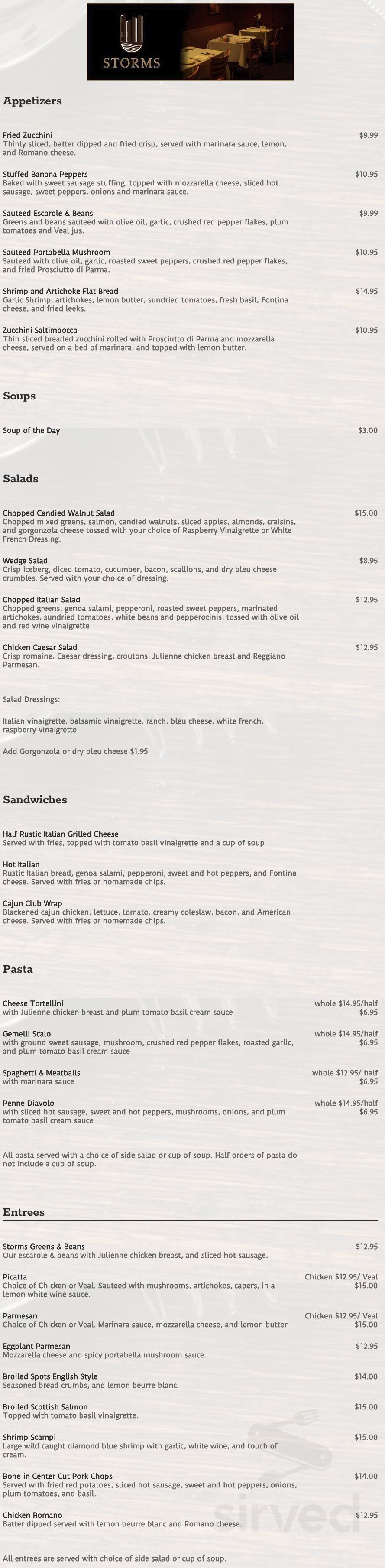 Storms Restaurant & BYOB menu in Pittsburgh, Pennsylvania, USA