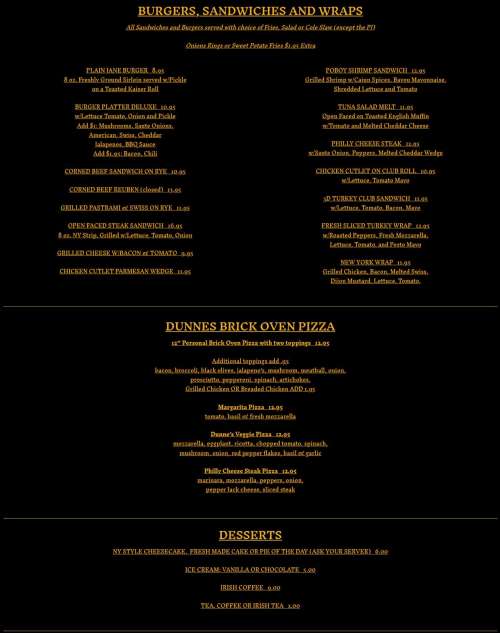 Dunne's Pub menu in White Plains, New York, USA