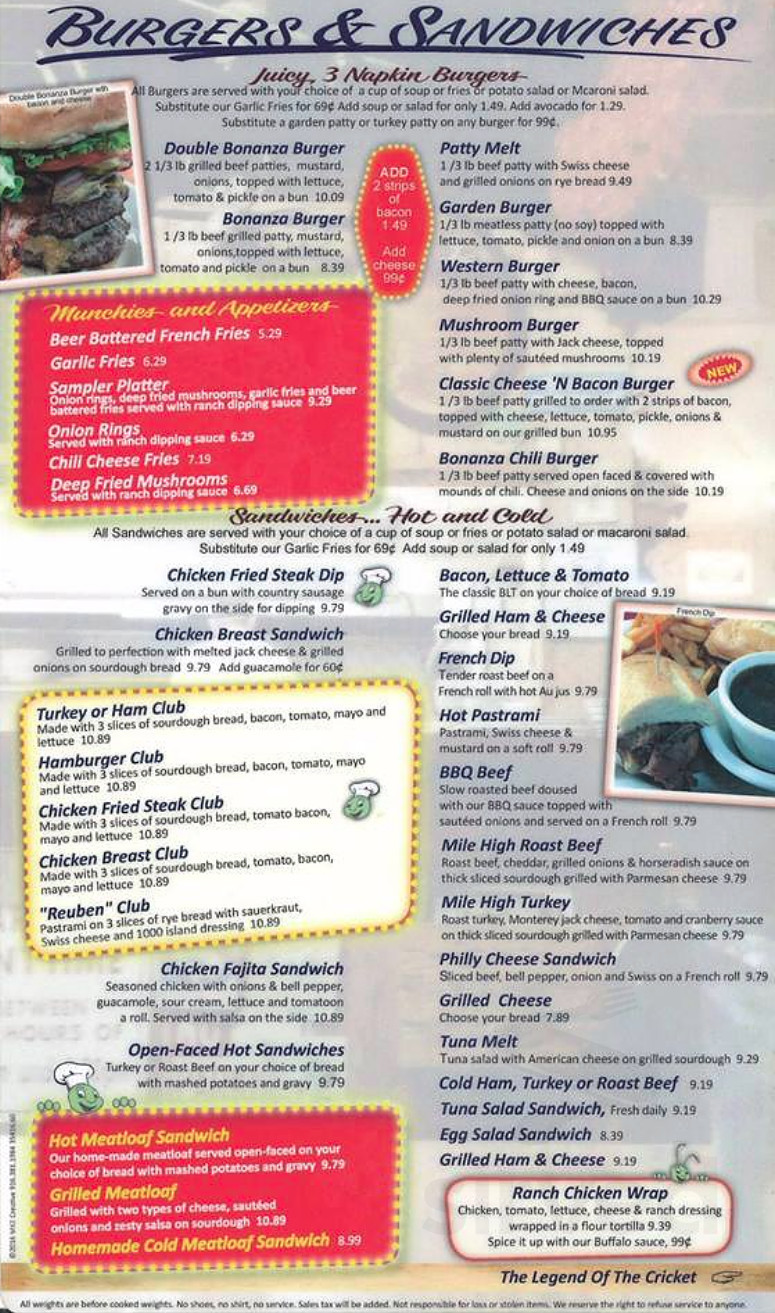 Cricket Country Kitchen menu in Sacramento, California, USA