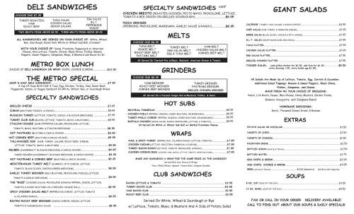 Metro Deli menu in Tallahassee, Florida, USA