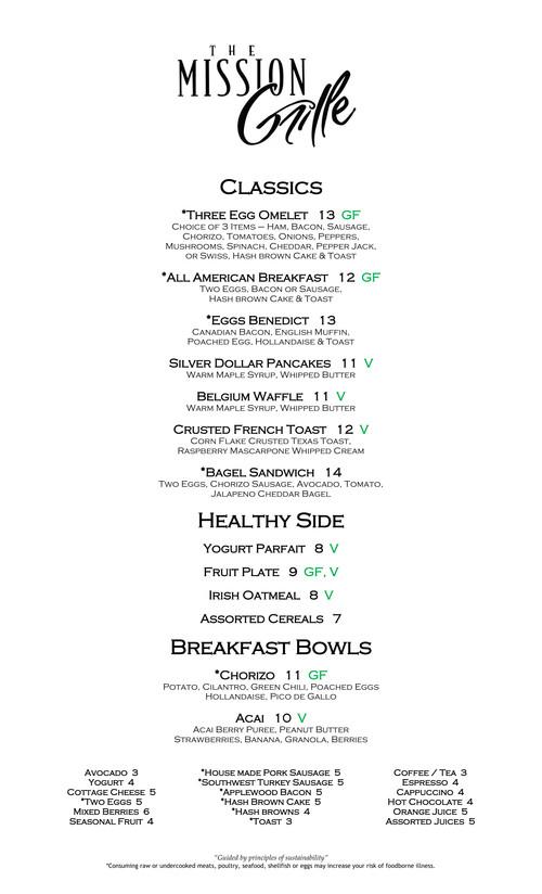 Mission Grille menu in Tempe, Arizona, USA