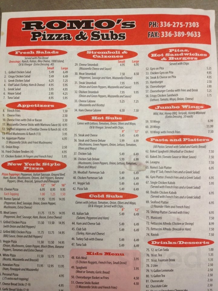 Menu for Romo's Pizza in Greensboro, NC | Sirved