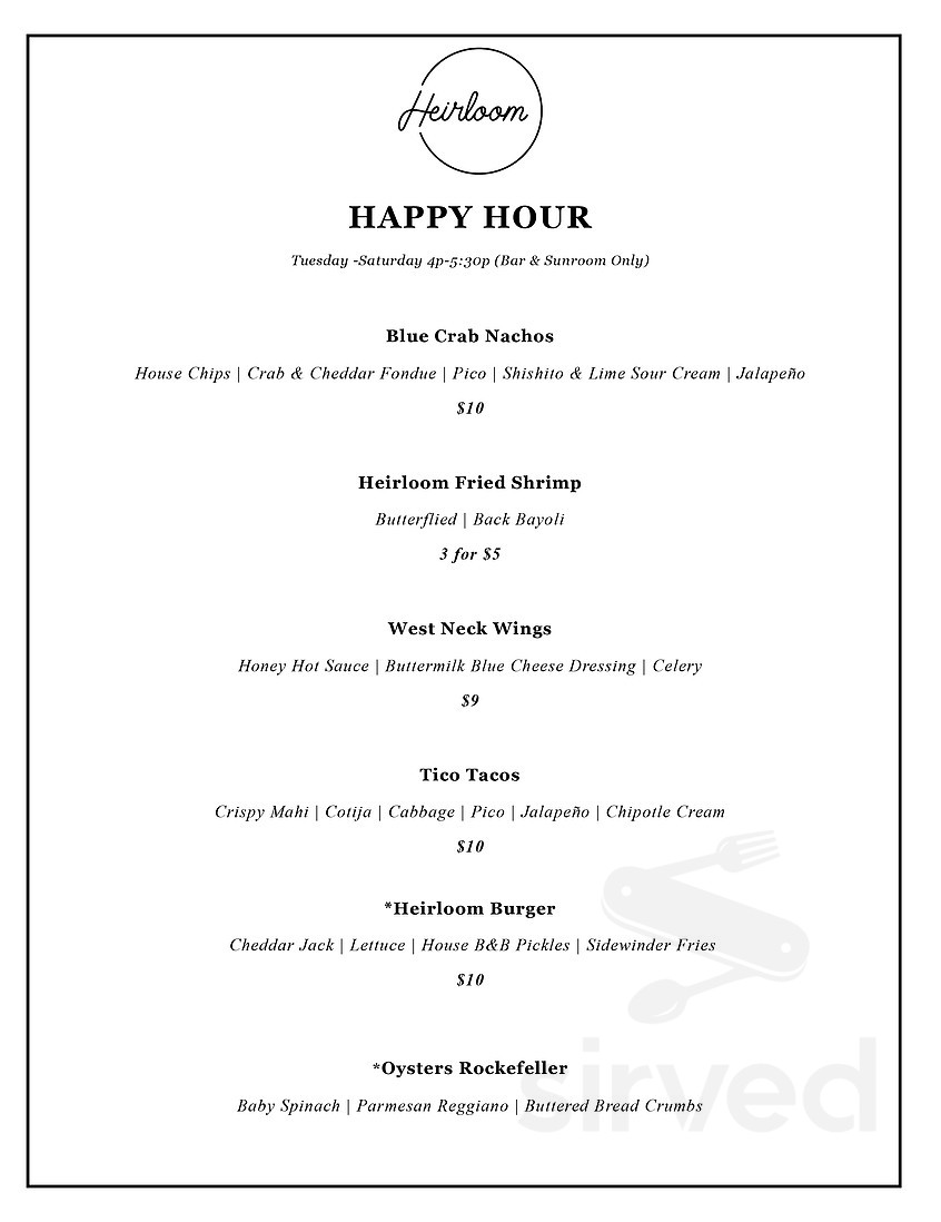 Heirloom menu in Virginia Beach, Virginia, USA