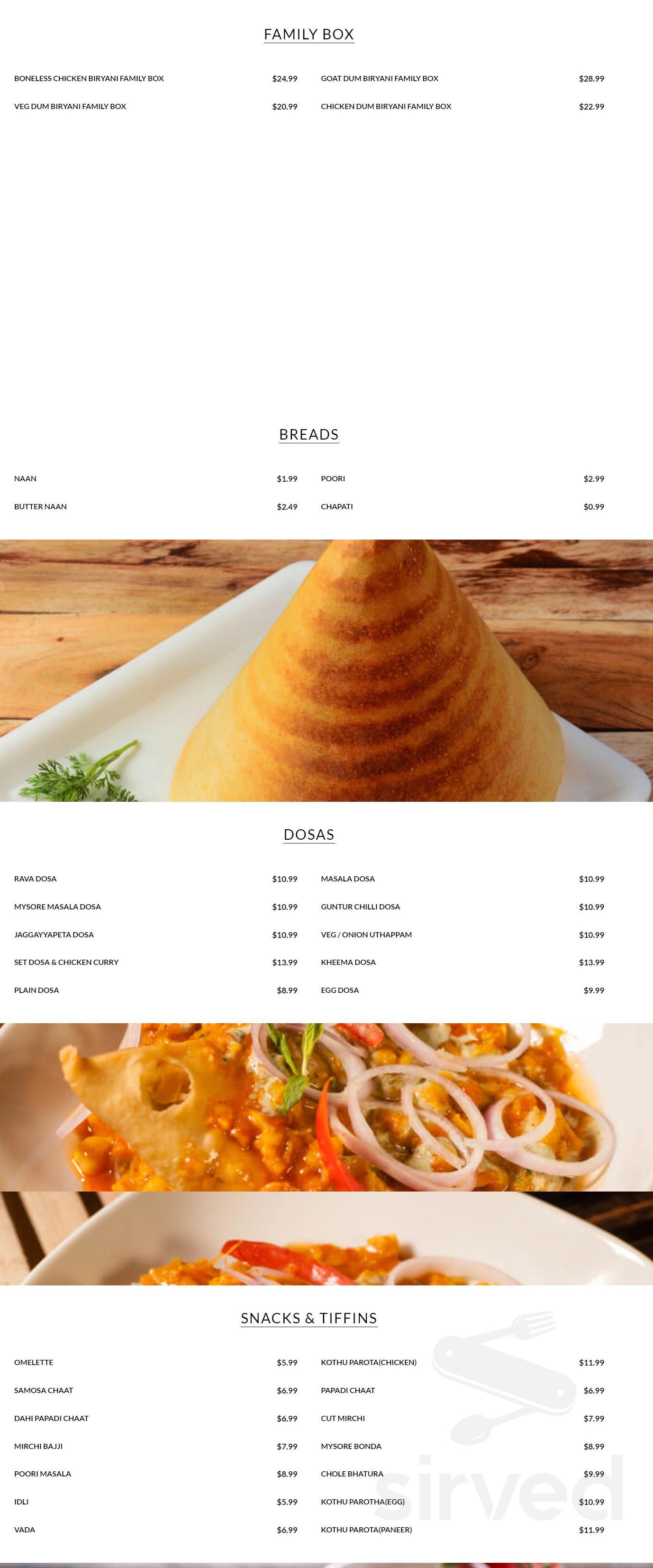 Bindaas Indian Street Food Cafe menu in Tempe, Arizona, USA