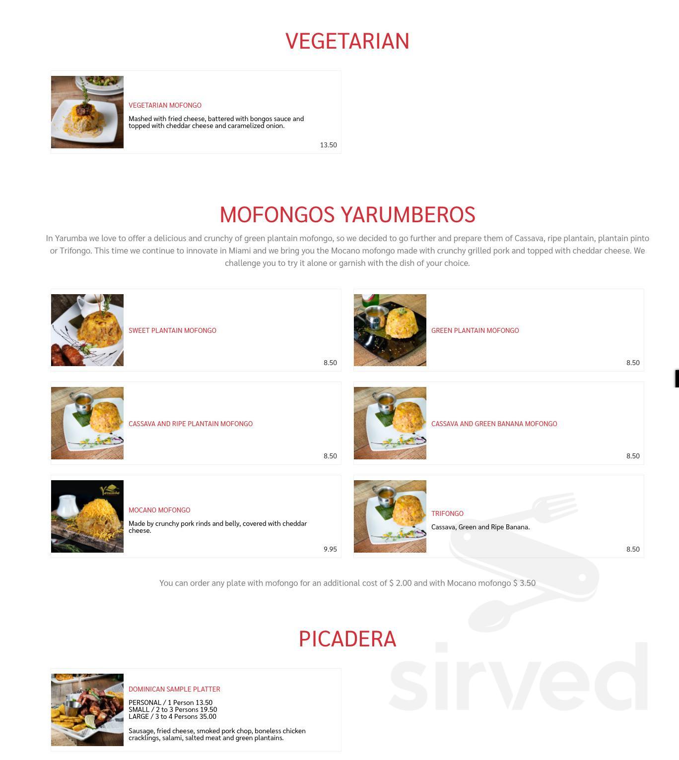 Yarumba Restaurant & Lounge menus in Miami Gardens, Florida, United States