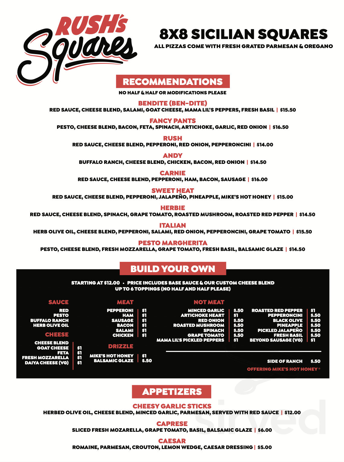 Rush's Squares menu in Bend, Oregon, USA