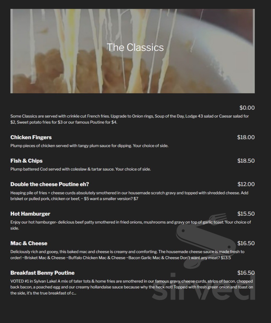 Lodge 43 menus in Sylvan Lake, Alberta, Canada