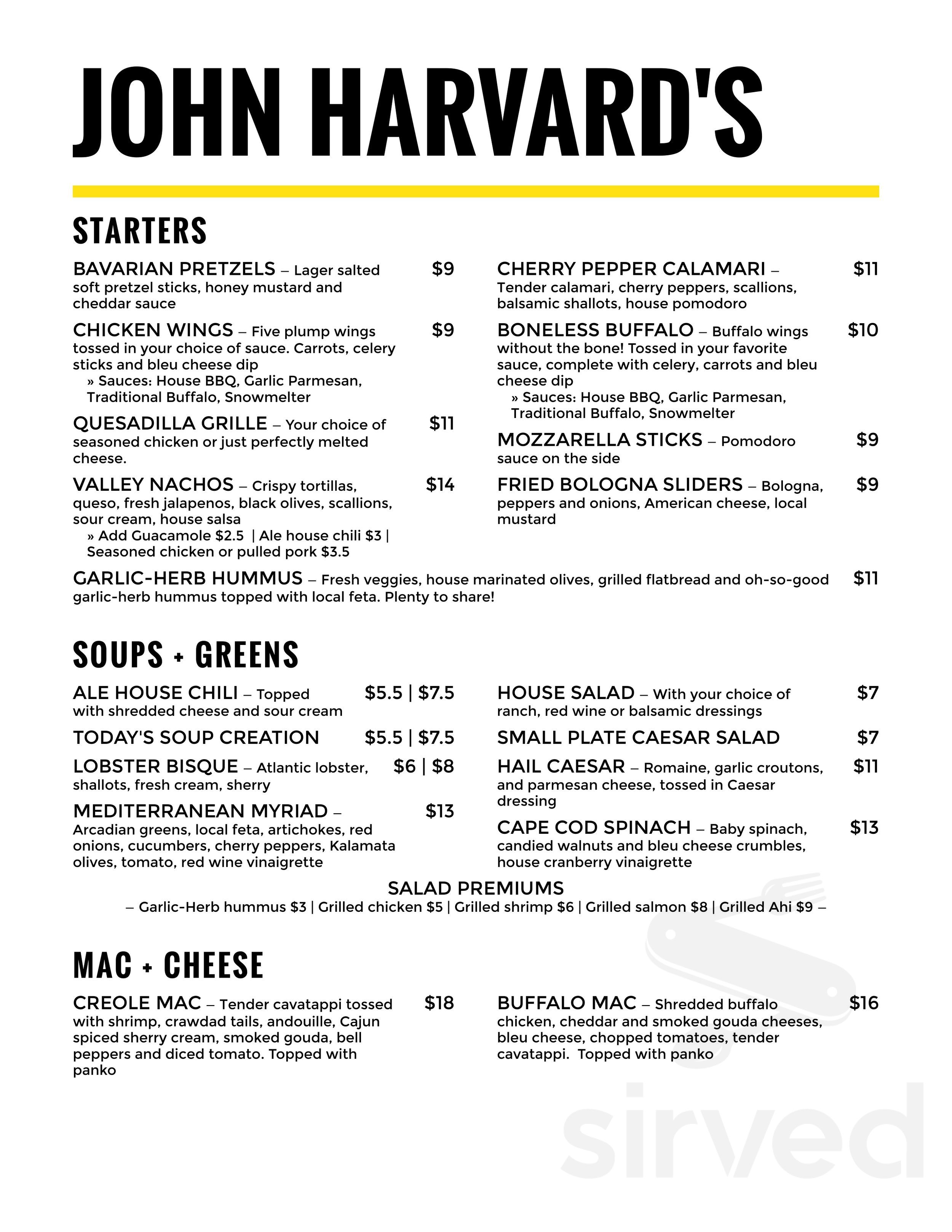John Harvard's Brew House menu in Ellicottville, New York, USA