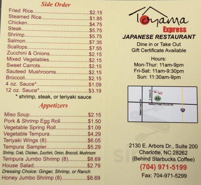 Toyama Express Japanese Restaurant menu in Charlotte, North Carolina, USA