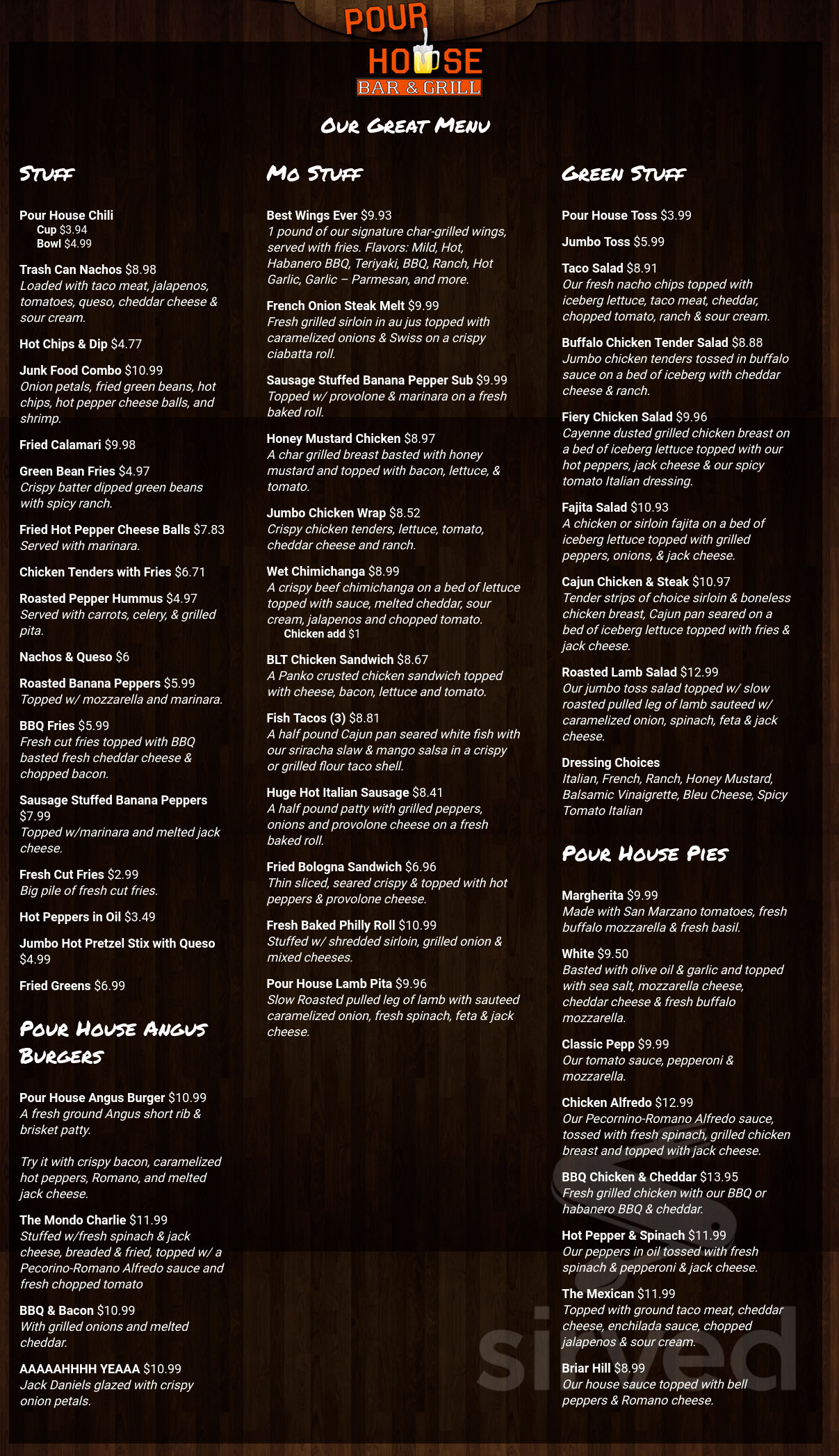 Pour House menu in Poland, Ohio, USA