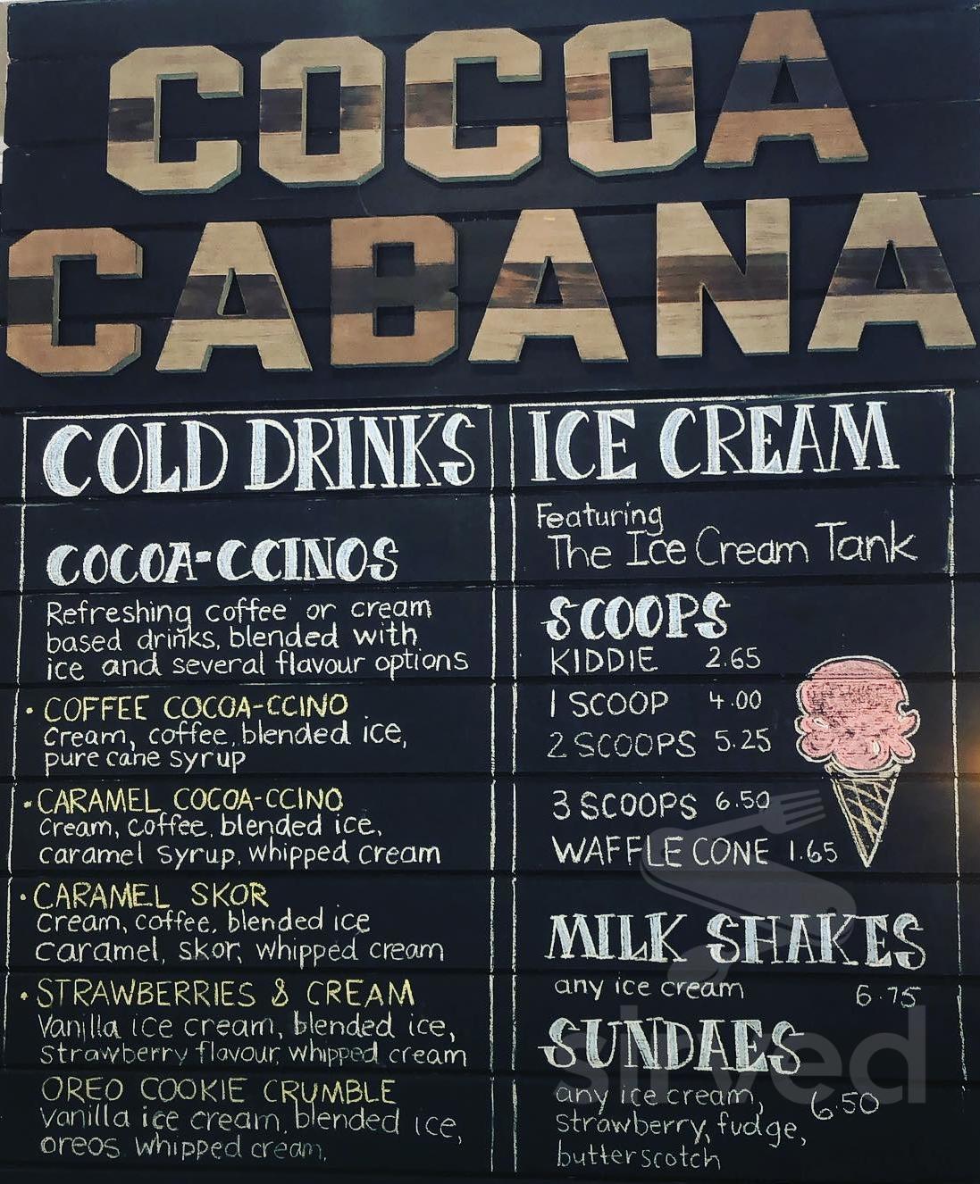 Cocoa Cabana menu in Port Dover, Ontario, Canada