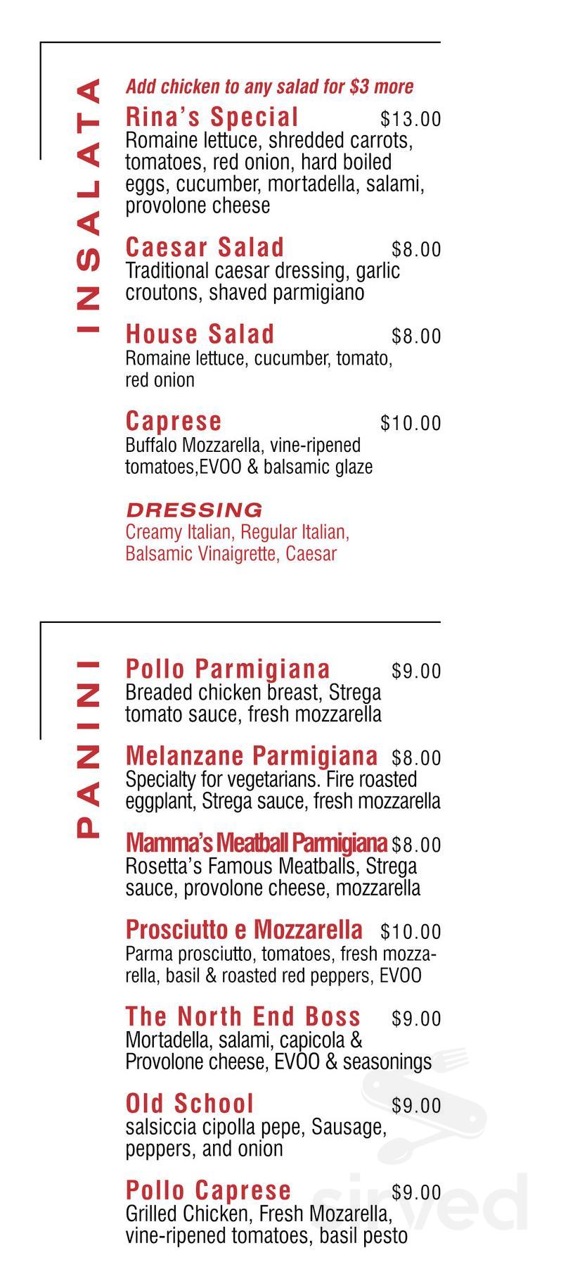Rina's Pizzeria & Cafe menu in Boston, Massachusetts, USA