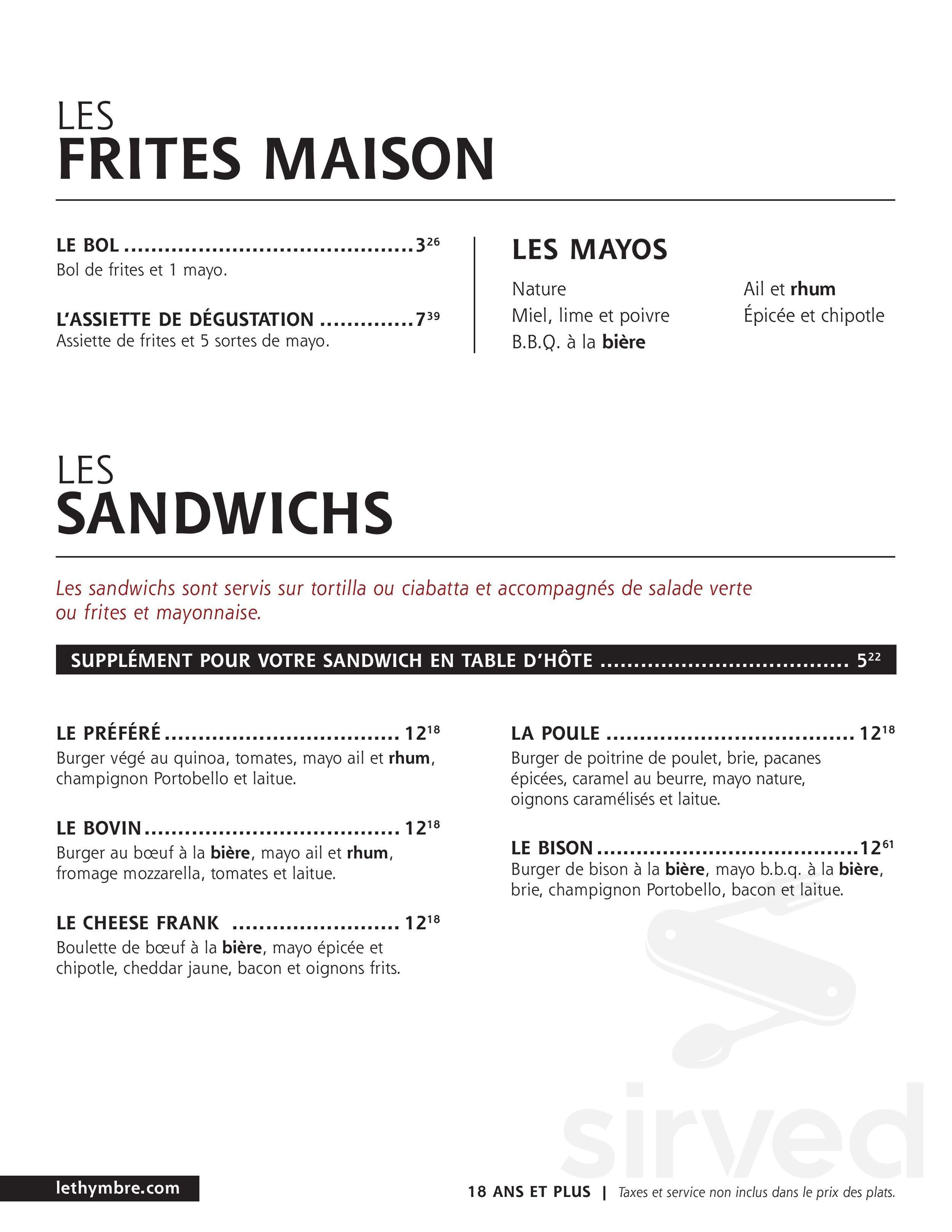 Menu - Nicolet QC's Resto-Bières Le Thymbré | Sirved