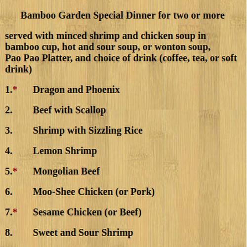 Bamboo Garden Chinese Restaurant menu in Austin, Texas, USA