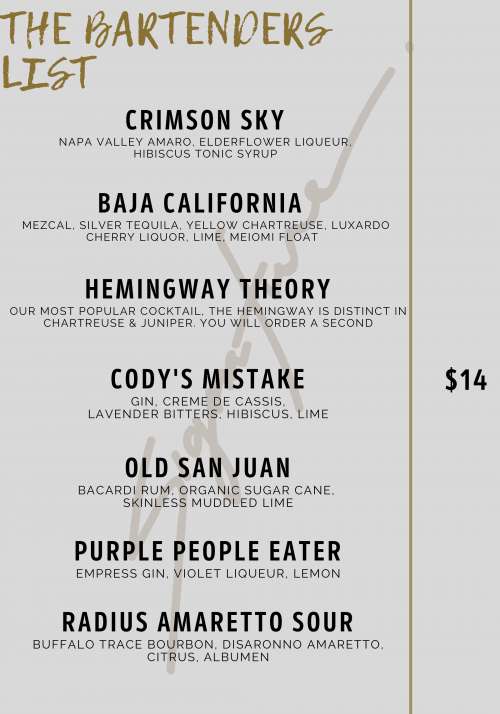 Radius Rooftop Lounge menu in Knoxville, Tennessee, USA