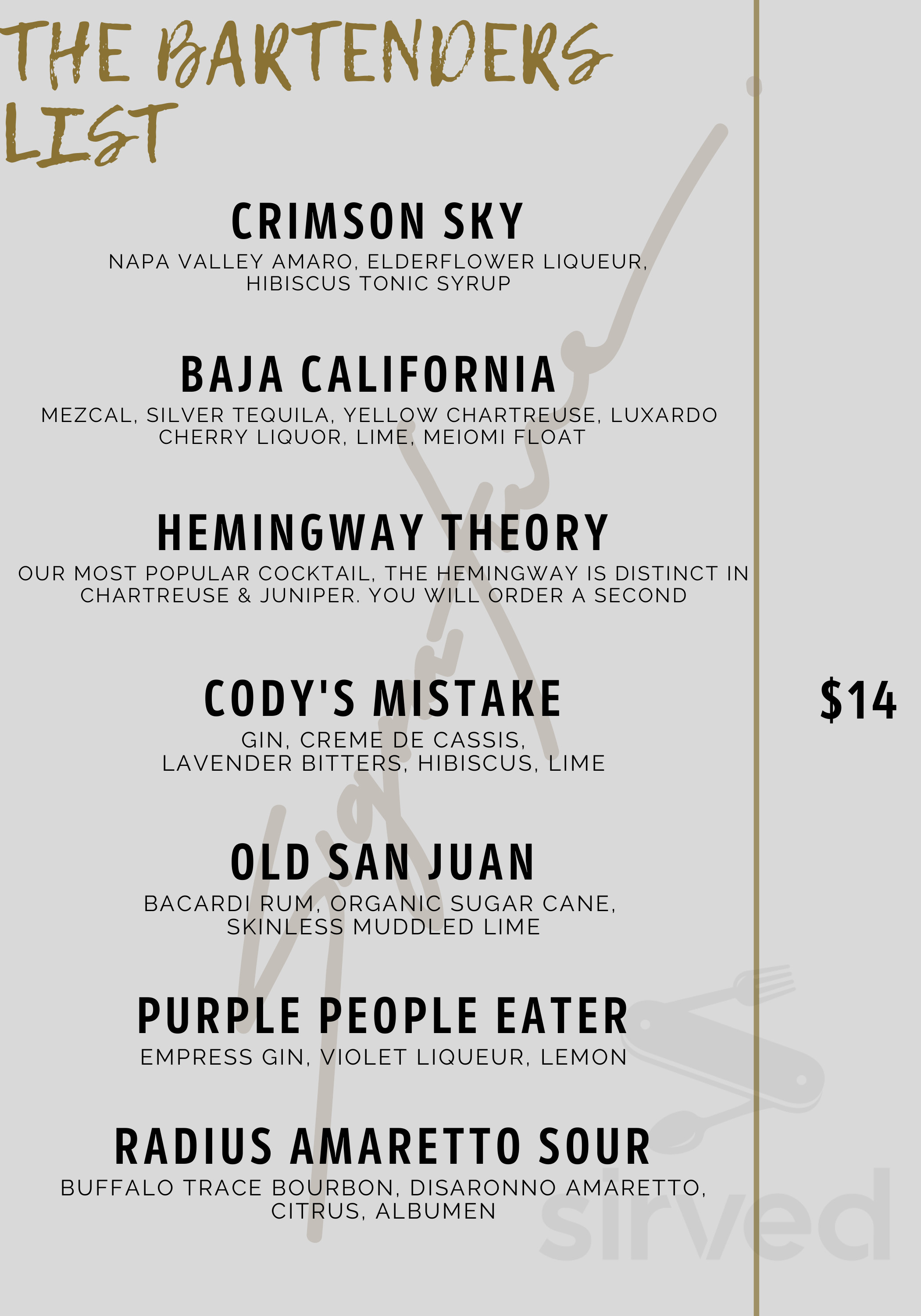 Radius Rooftop Lounge menu in Knoxville, Tennessee, USA