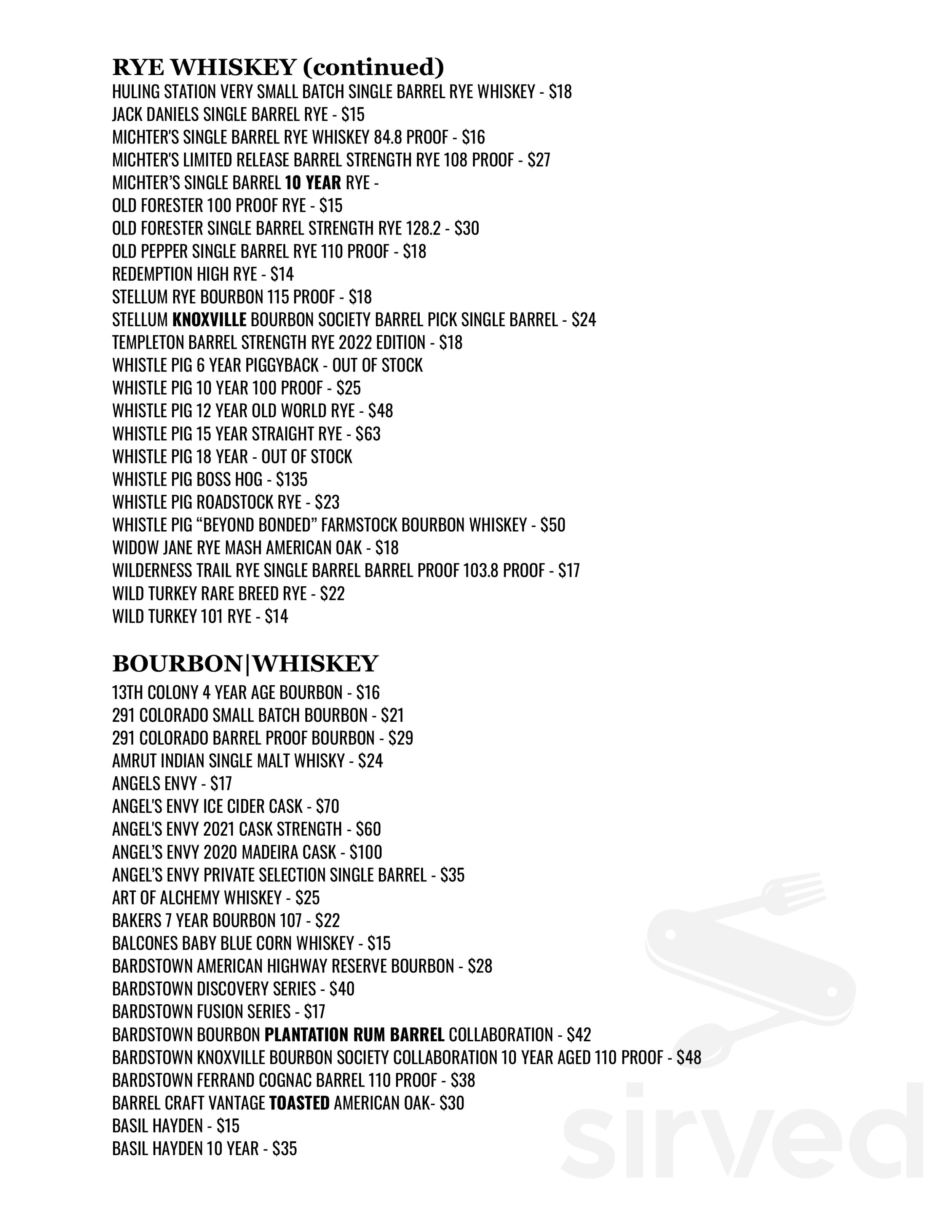 Radius Rooftop Lounge menu in Knoxville, Tennessee, USA