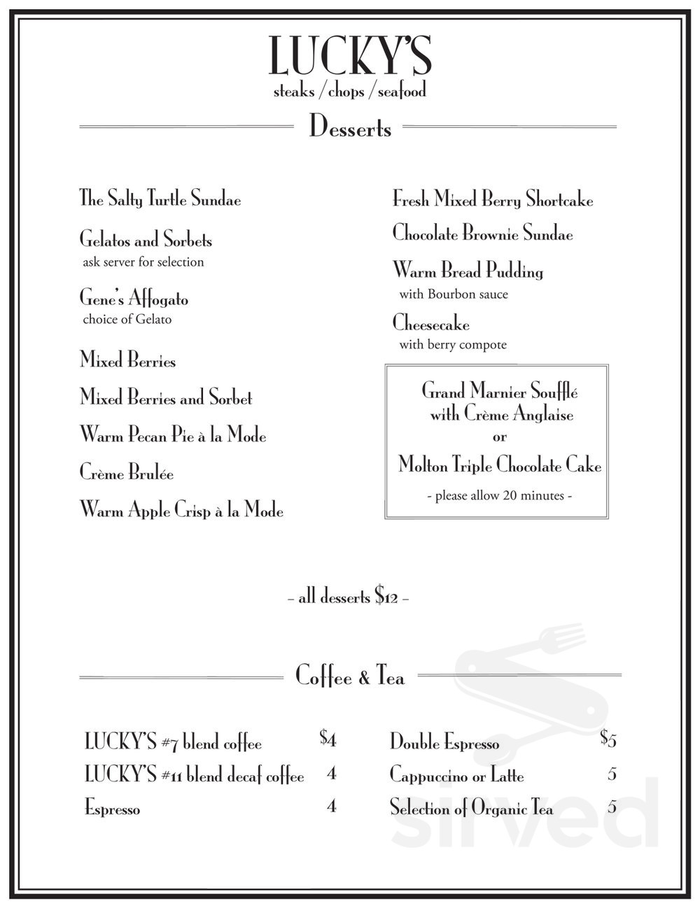 Lucky's menu in Montecito, California, USA