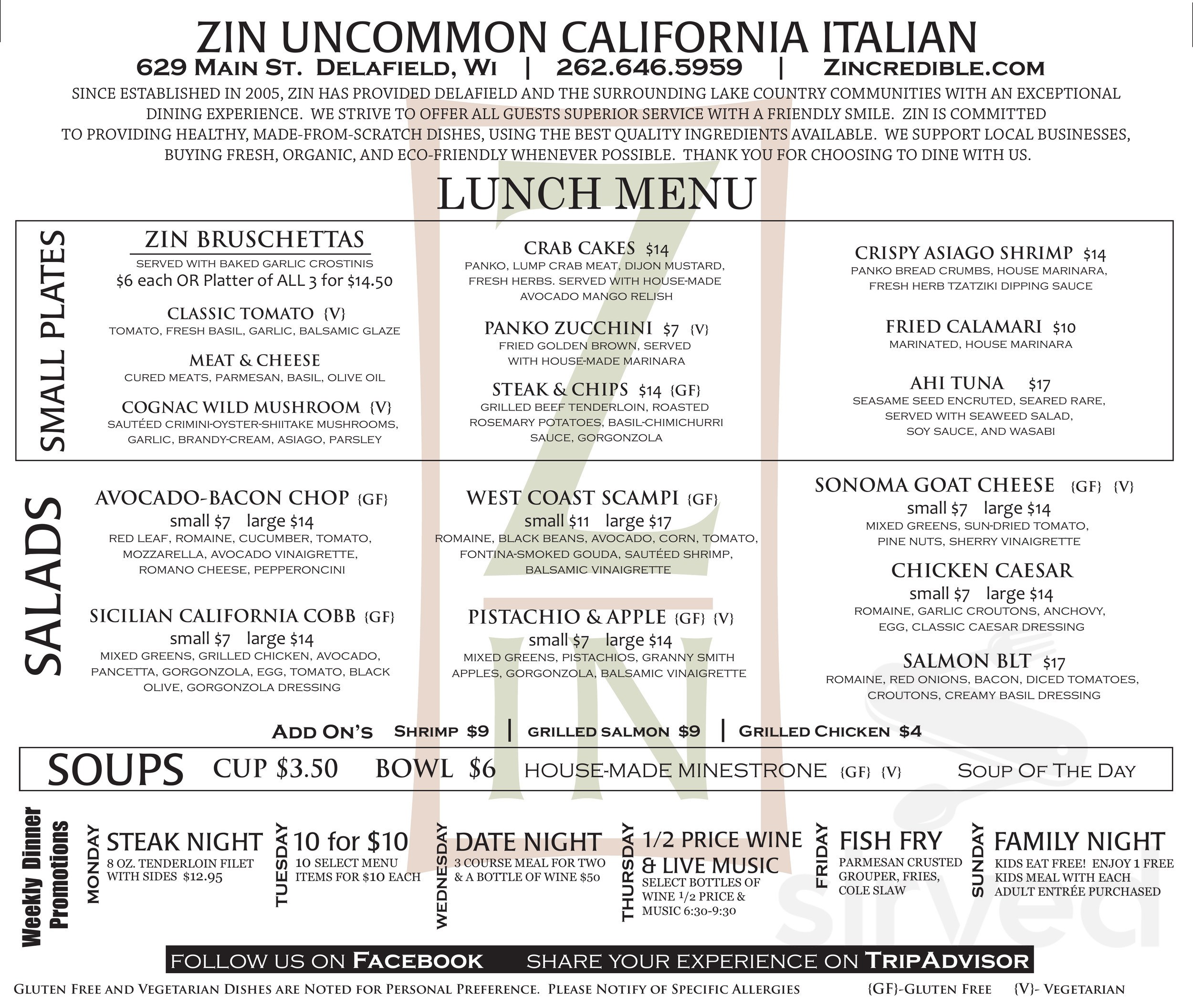Zin - Uncommon California Italian menu in Delafield, Wisconsin, USA