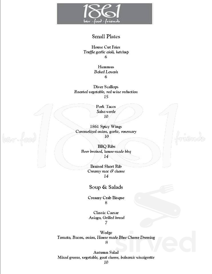 1861 Southern Kitchen Bourbon Bar menu in Middletown, Delaware, USA