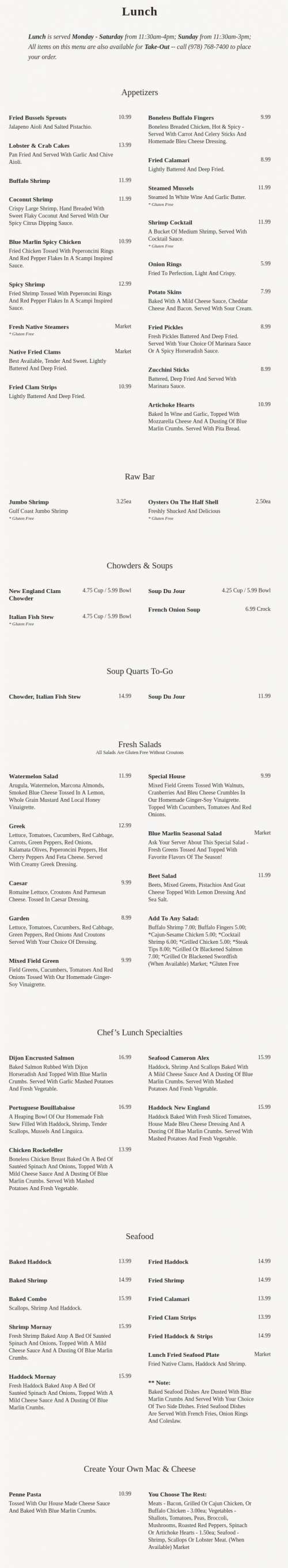 Blue Marlin Grille menu in Essex, Massachusetts, USA