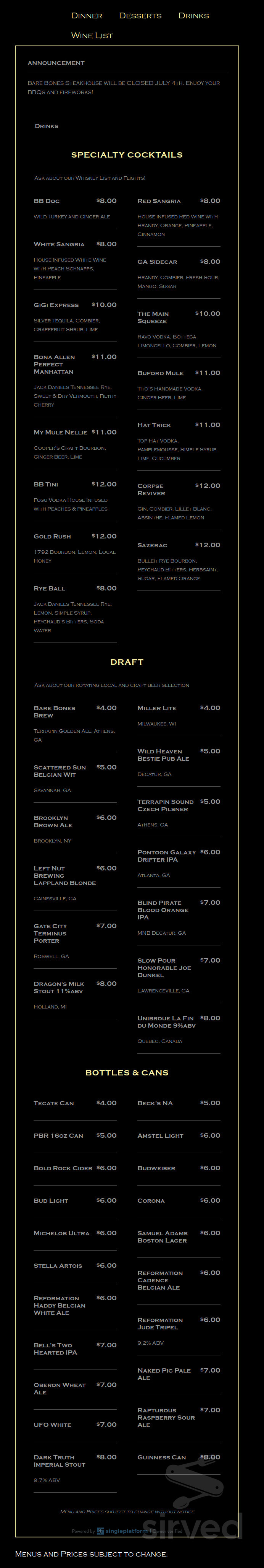 Bare Bones Steakhouse menu in Buford, Georgia, USA