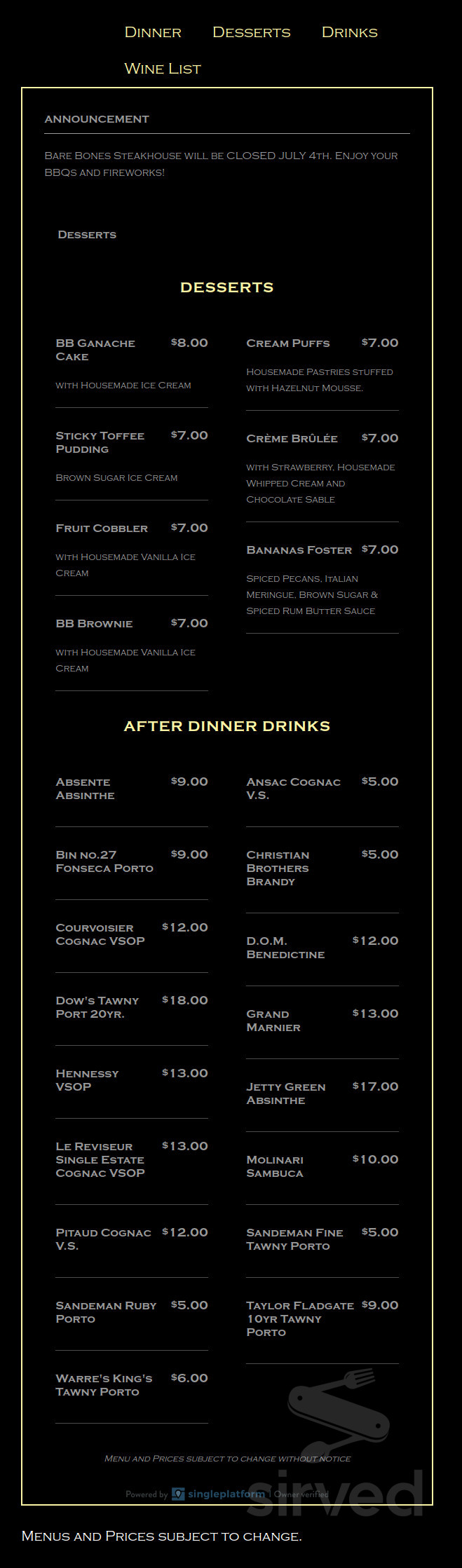 Bare Bones Steakhouse menu in Buford, Georgia, USA