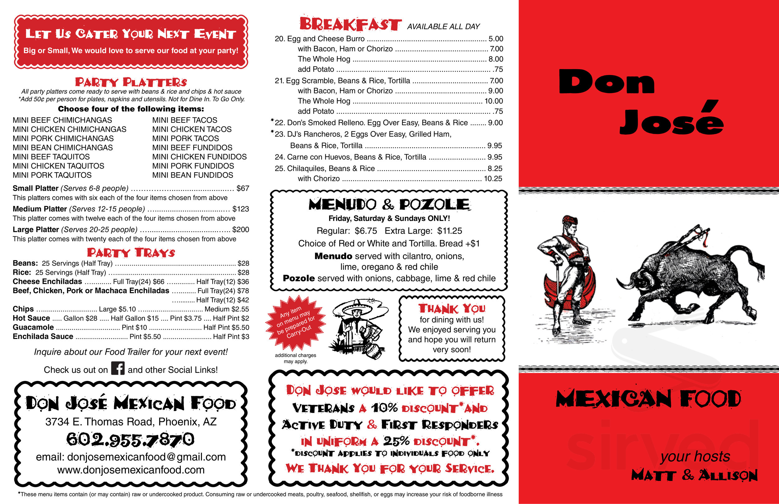 Don Jose Mexican Food menu in Phoenix, Arizona, USA