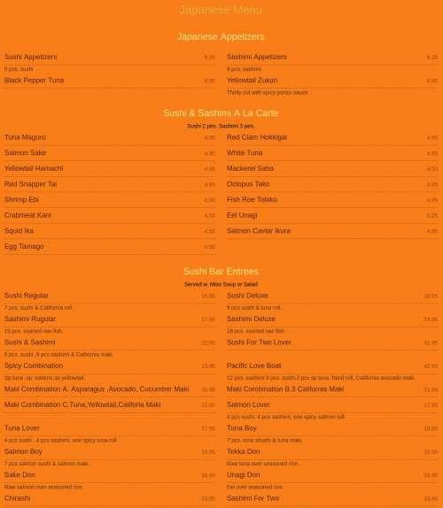 Pacifica Cuisine menu in Suffield, Connecticut, USA
