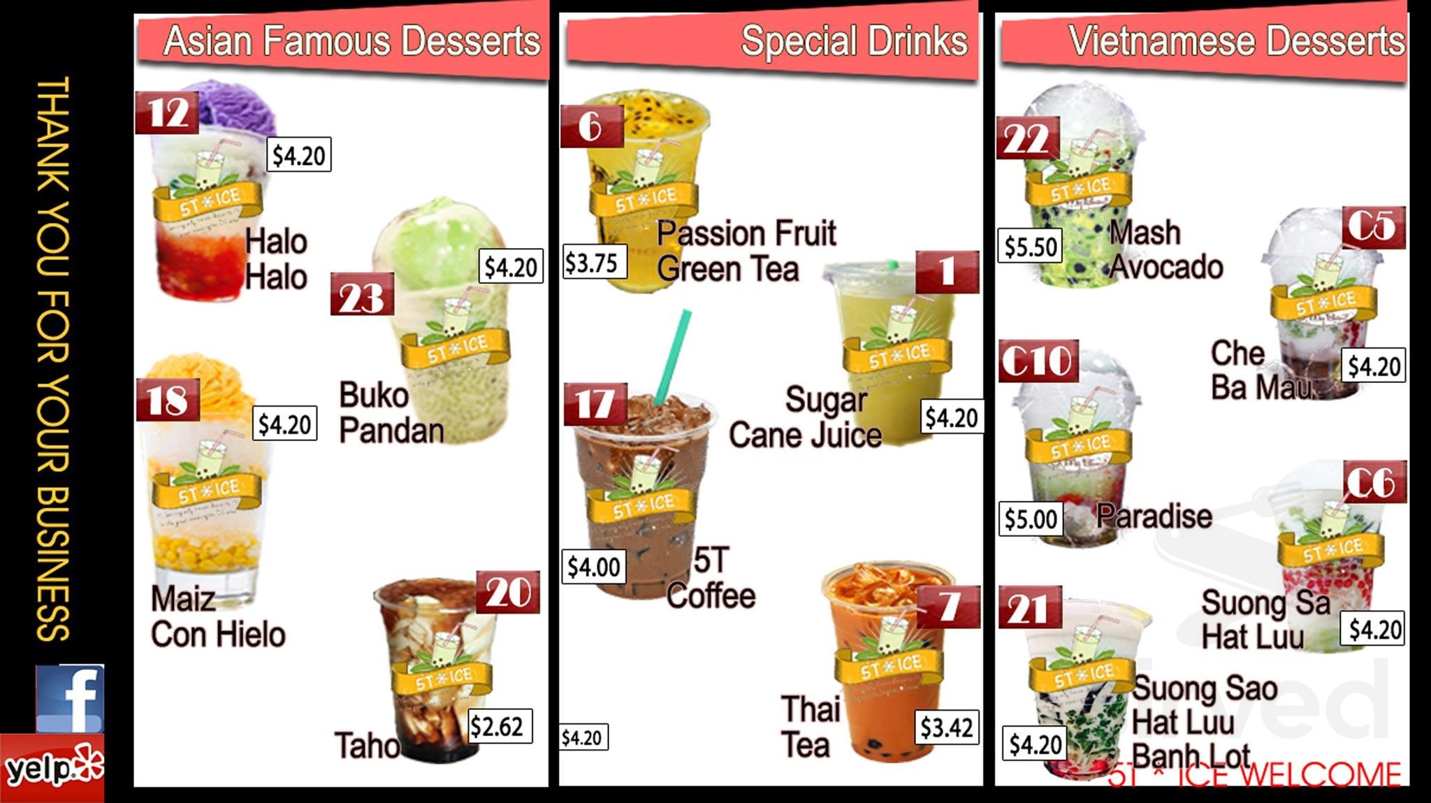 Menu - Dulles VA's 5T Ice | Sirved