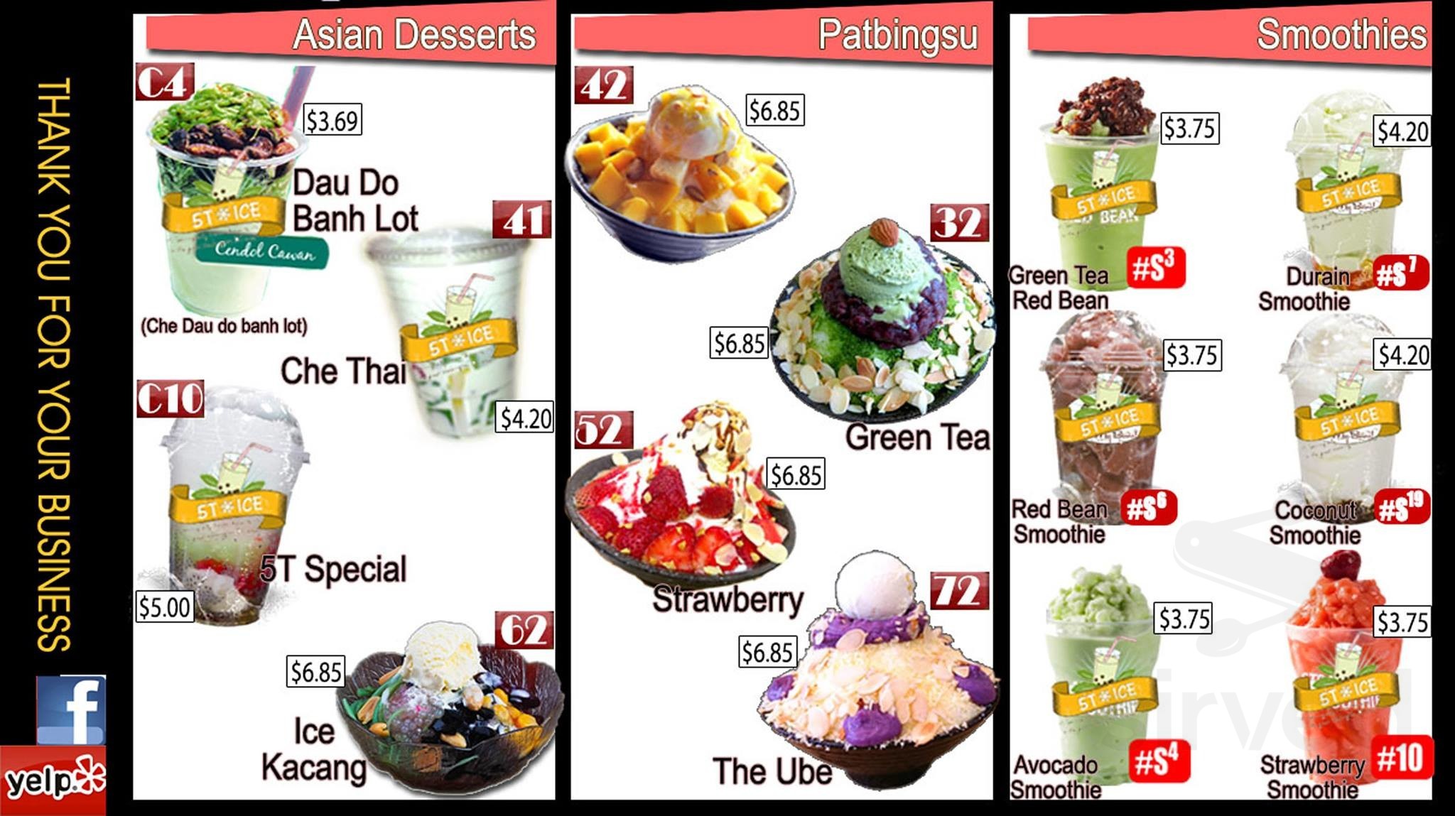 Menu - Dulles VA's 5T Ice | Sirved