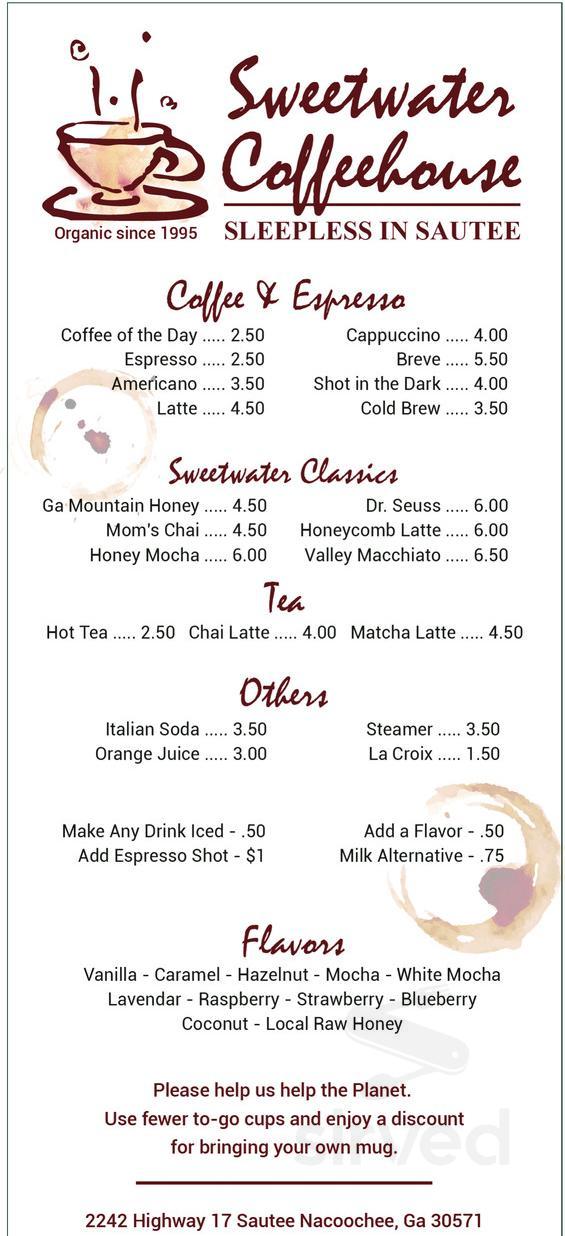Sweetwater Coffee House menu in Sautee Nacoochee, Georgia, USA