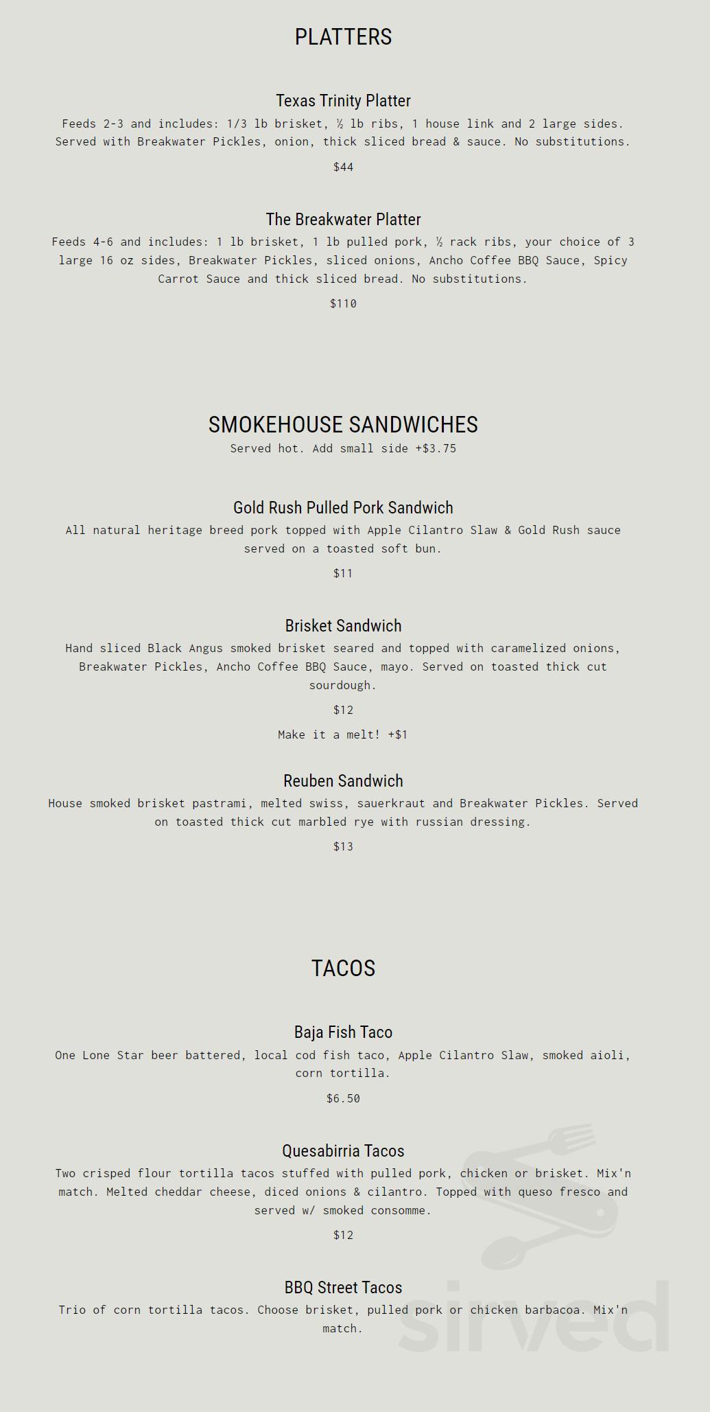 Menu for Breakwater Barbecue in El Granada, California, United States