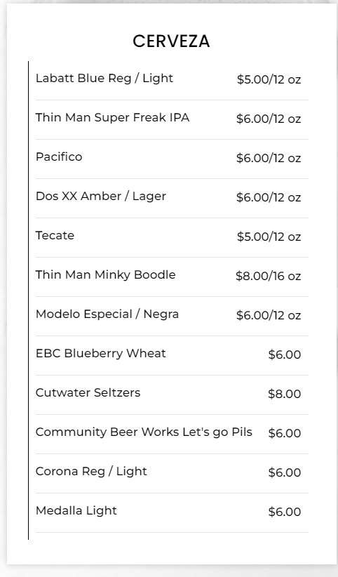 Hombre y Lobo | Tacos + Tequila menu in Buffalo, New York, USA