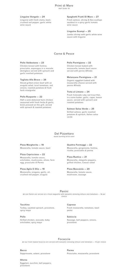 Sforno Trattoria Romana menu in Boulder, Colorado, USA