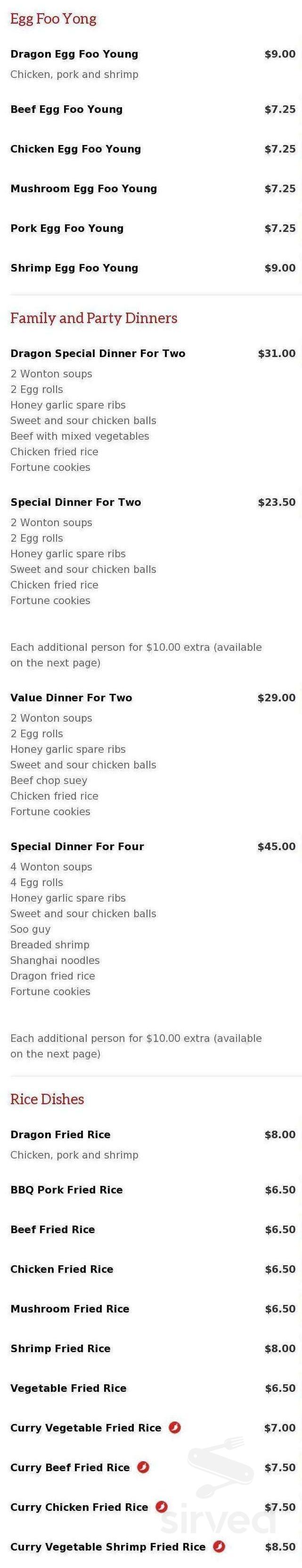 Dragon Chinese Food menu in Chatham, Ontario, Canada