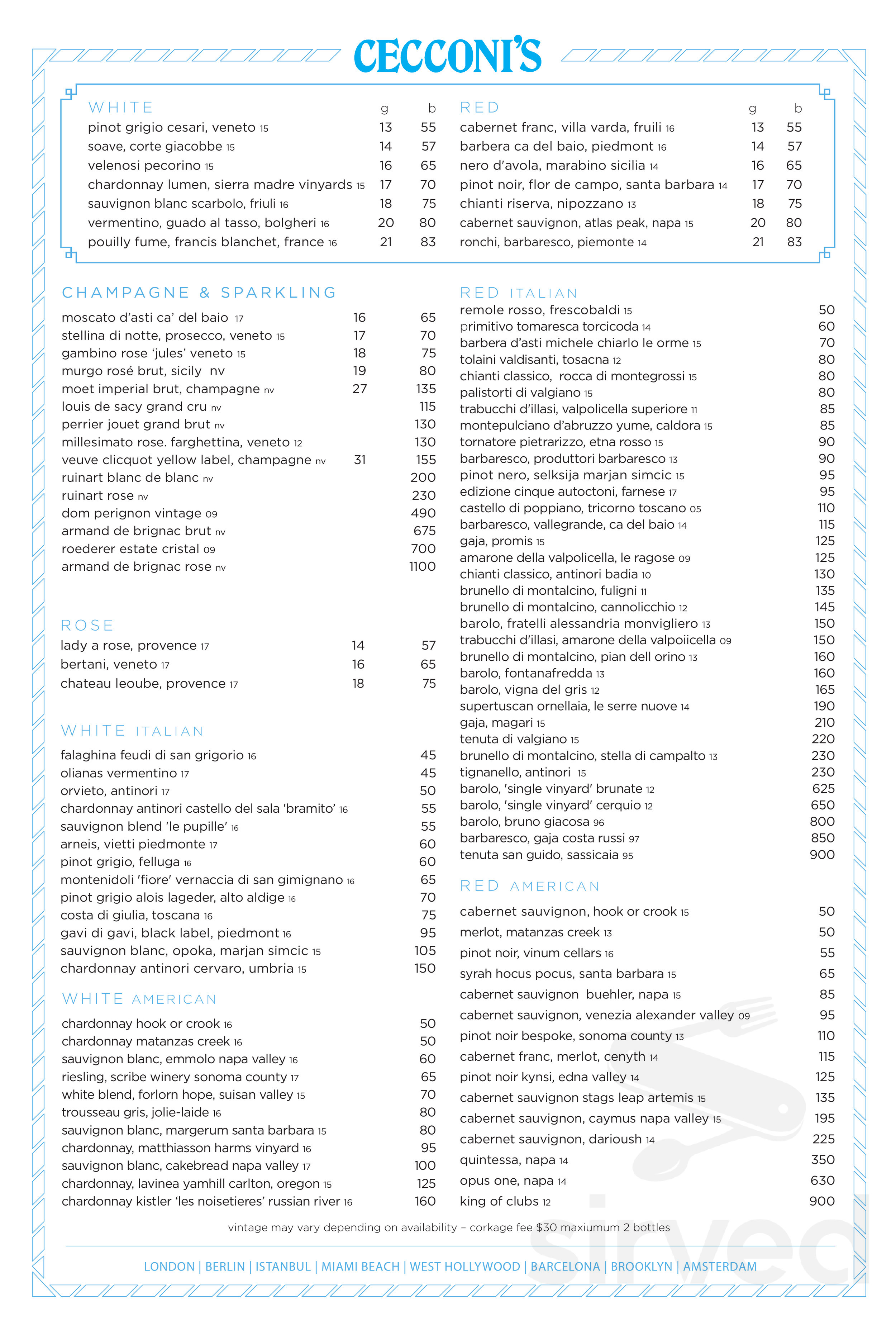 Cecconi's West Hollywood menu in West Hollywood, California, USA