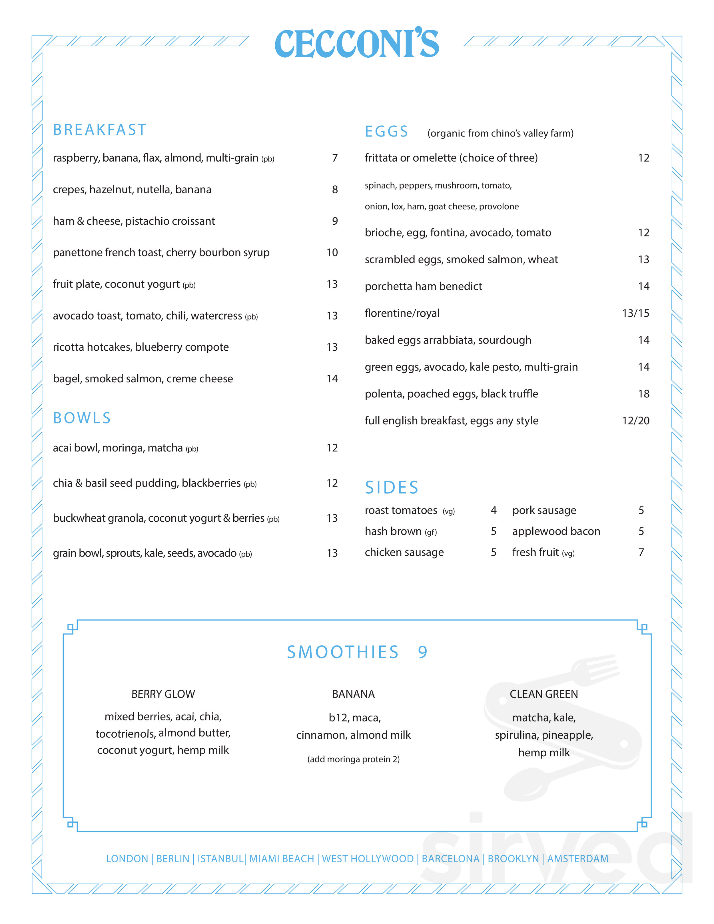 Cecconi's West Hollywood menu in West Hollywood, California, USA