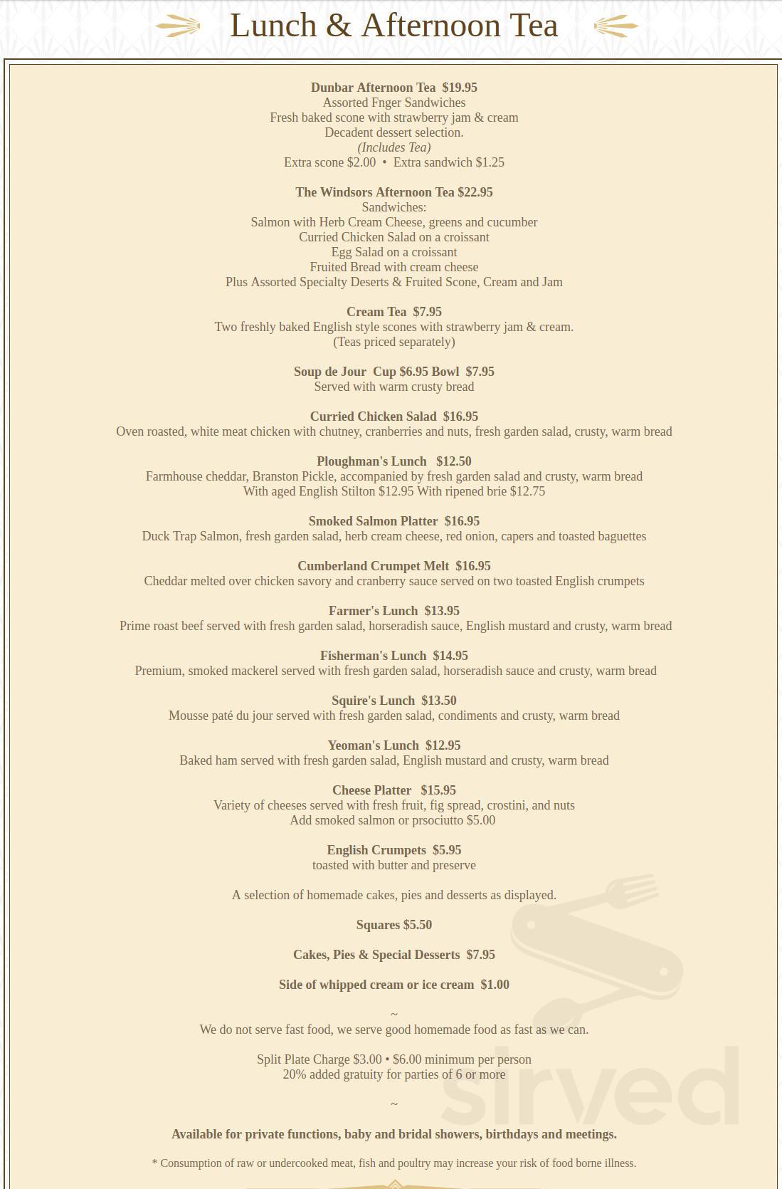 Dunbar House Tea Room & Wine Bar menu in Sandwich, Massachusetts, USA