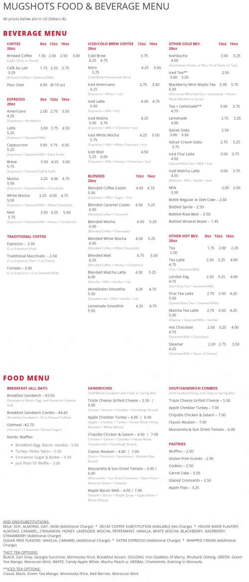 Mugshots Coffee Company menu in Bloomington, Minnesota, USA