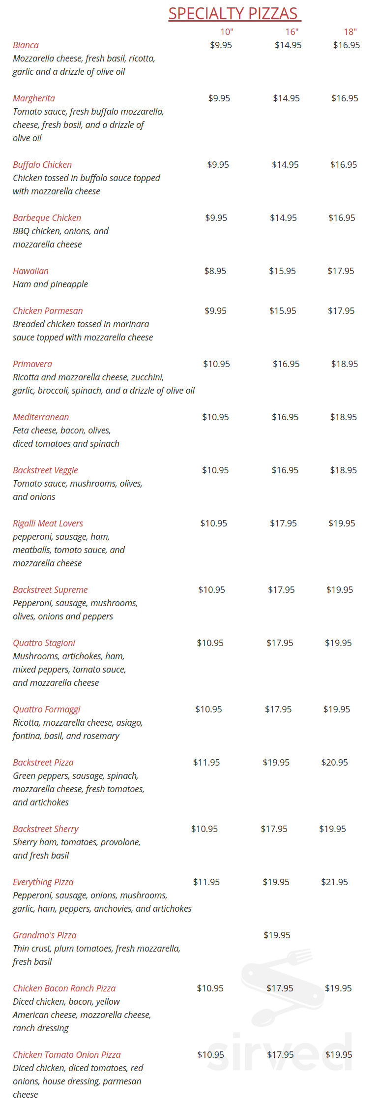 Menu - Chuluota FL's Backstreet Pizza | Sirved