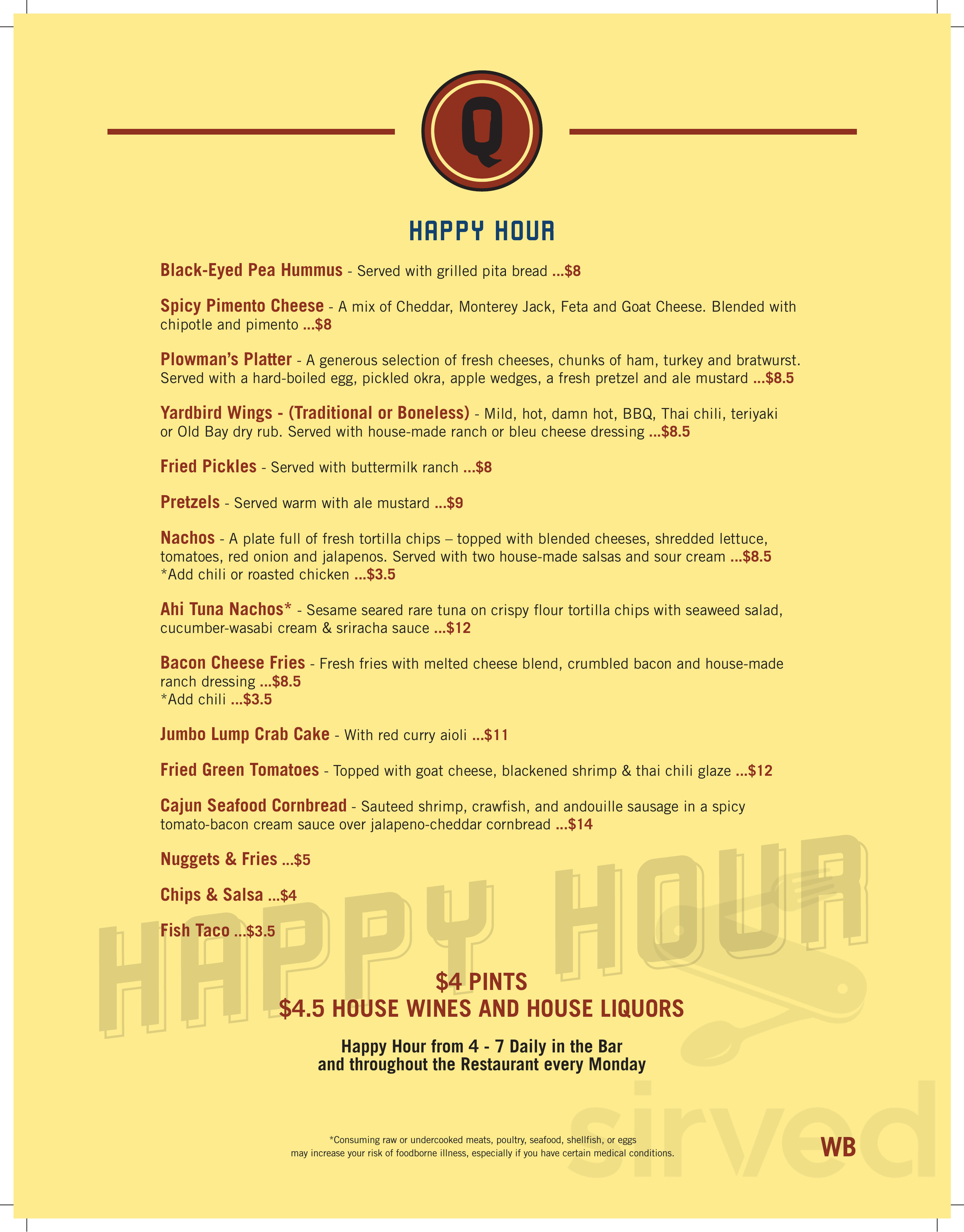 Quigley's 707 Pint & Plate menu in Murrells Inlet, South Carolina, USA