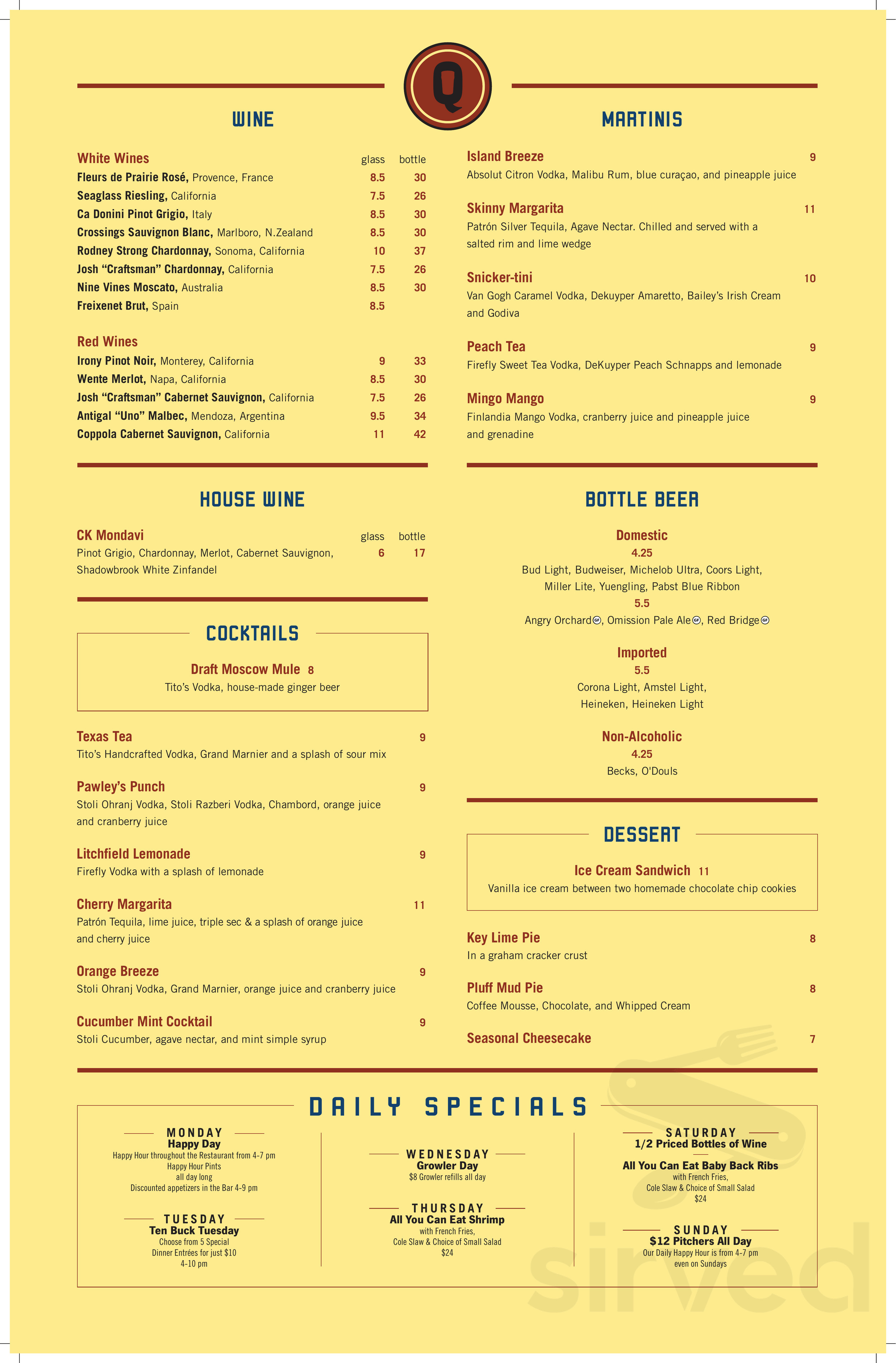 Quigley's 707 Pint & Plate menu in Murrells Inlet, South Carolina, USA