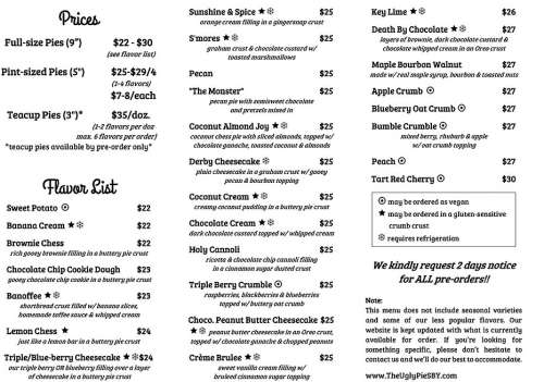 The Ugly Pie menu in Salisbury, Maryland, USA