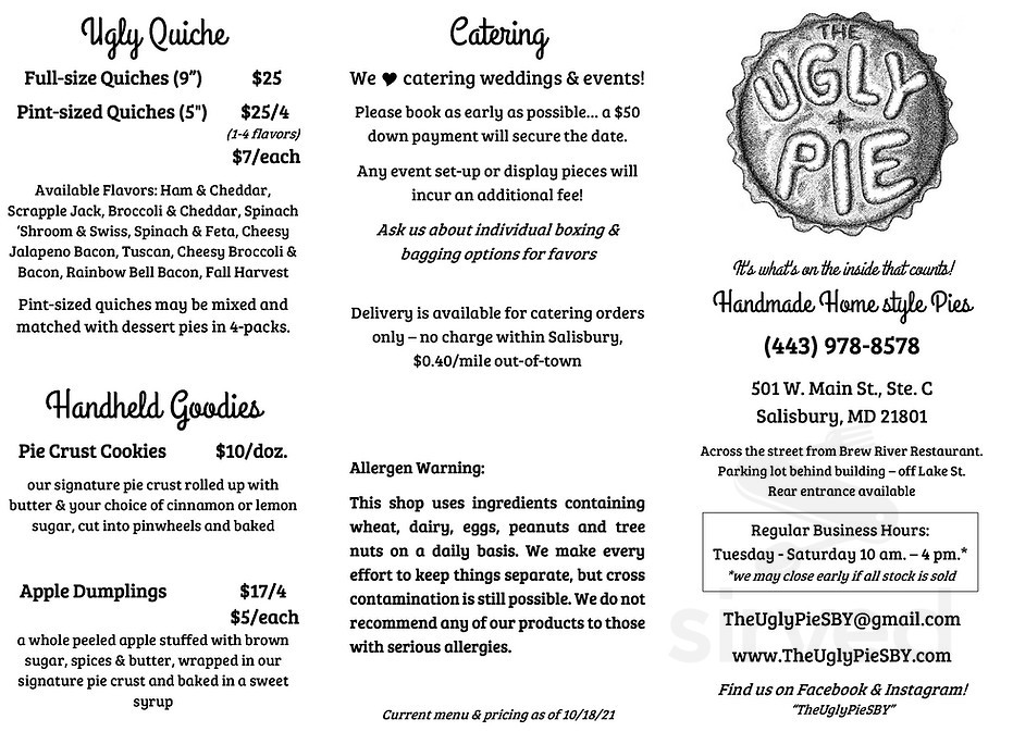 The Ugly Pie menu in Salisbury, Maryland, USA