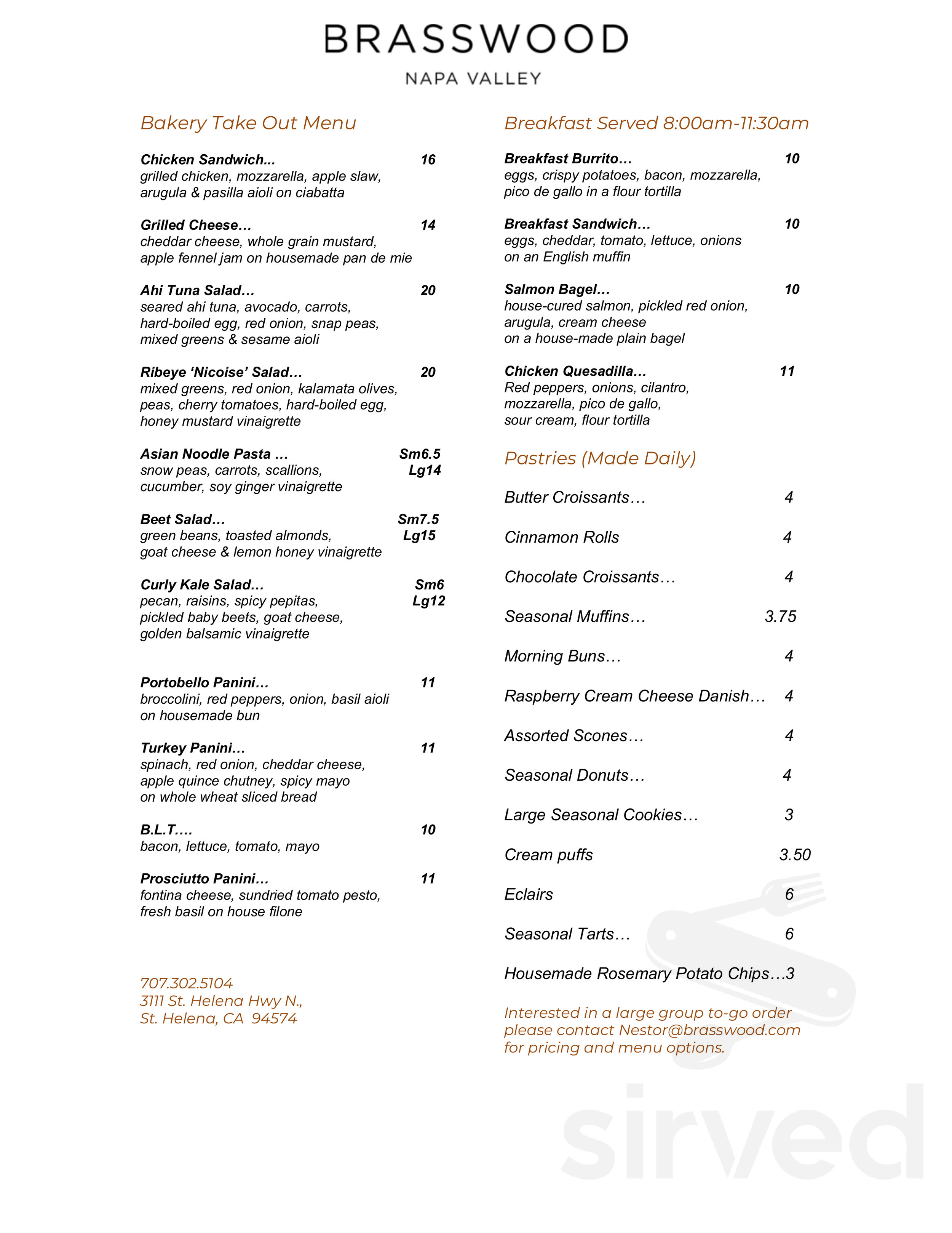 Menu - St Helena CA's Brasswood Bar + Bakery | Sirved